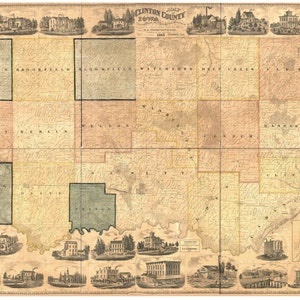 Clinton County Iowa 1865 Old Wall Map With Landowner Names Farm Lines ...