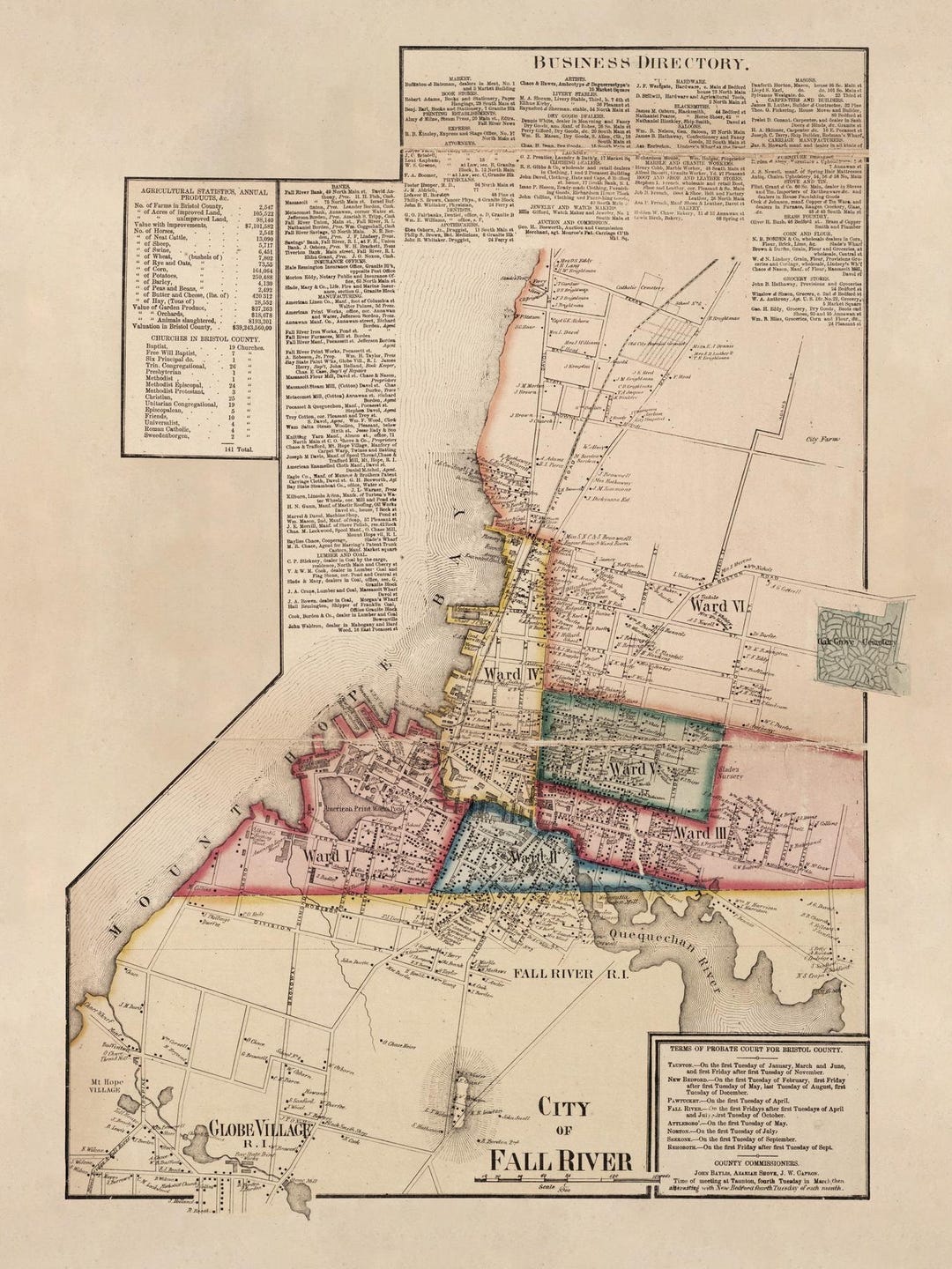 Fall River City 1858 Old Town Map With Homeowner Names Massachusetts ...