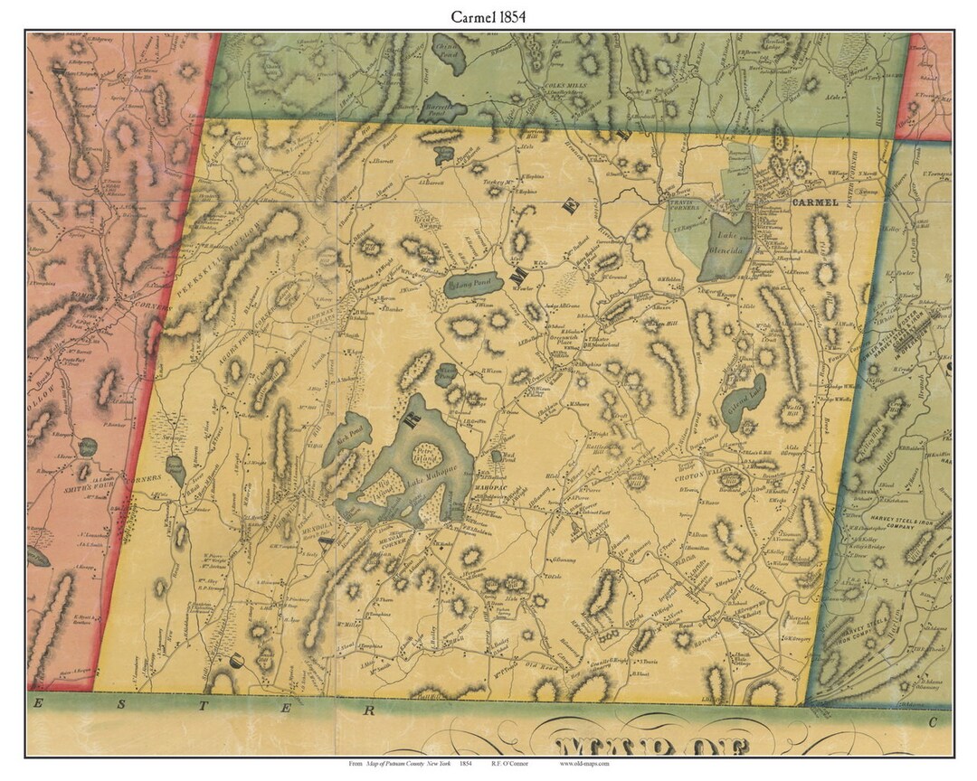 Carmel New York 1854 Map Lake Mahopac Lake Gleneida Lake Gilead ...