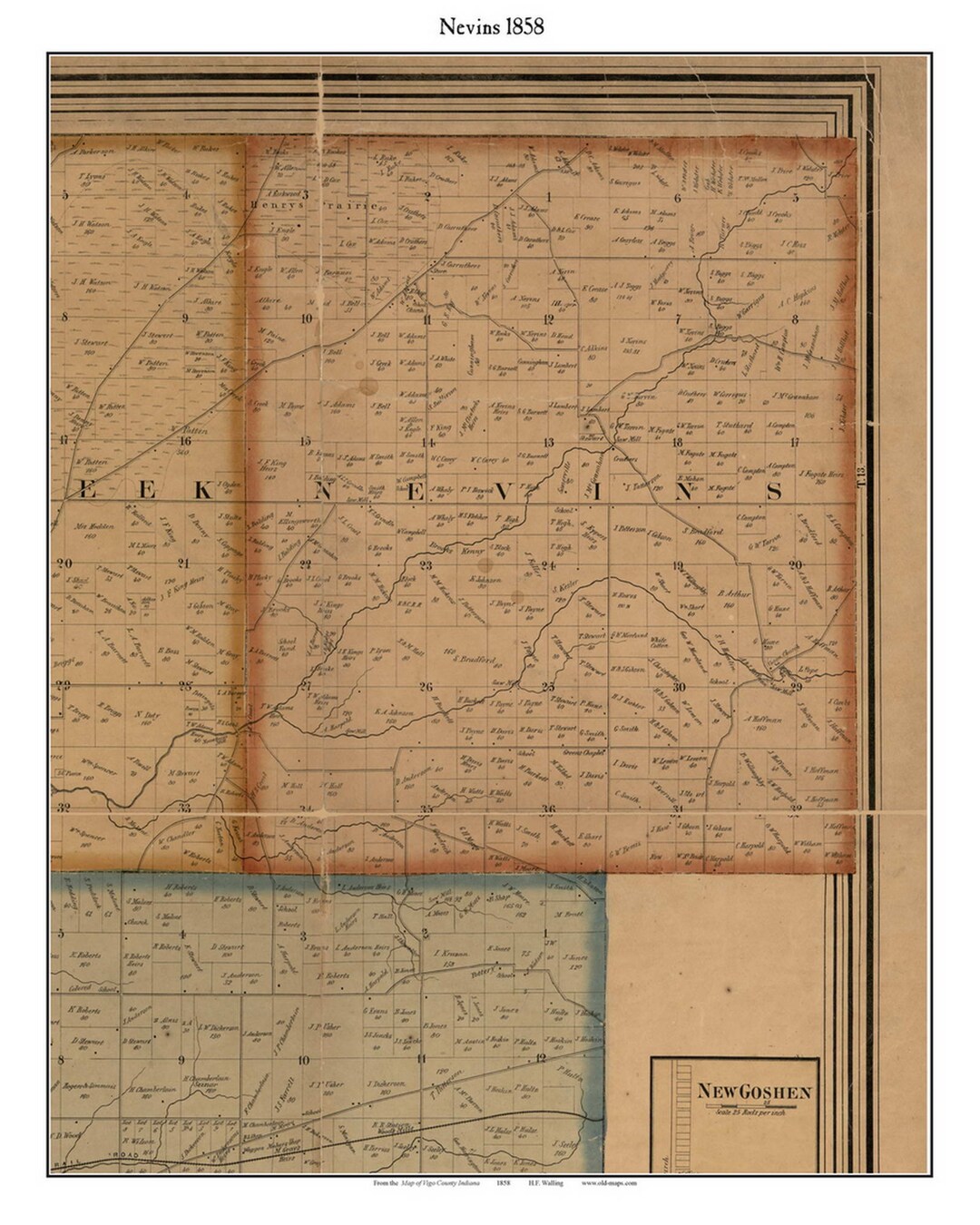 Nevins 1858 Old Town Map With Homeowner Names Indiana - Reprint ...