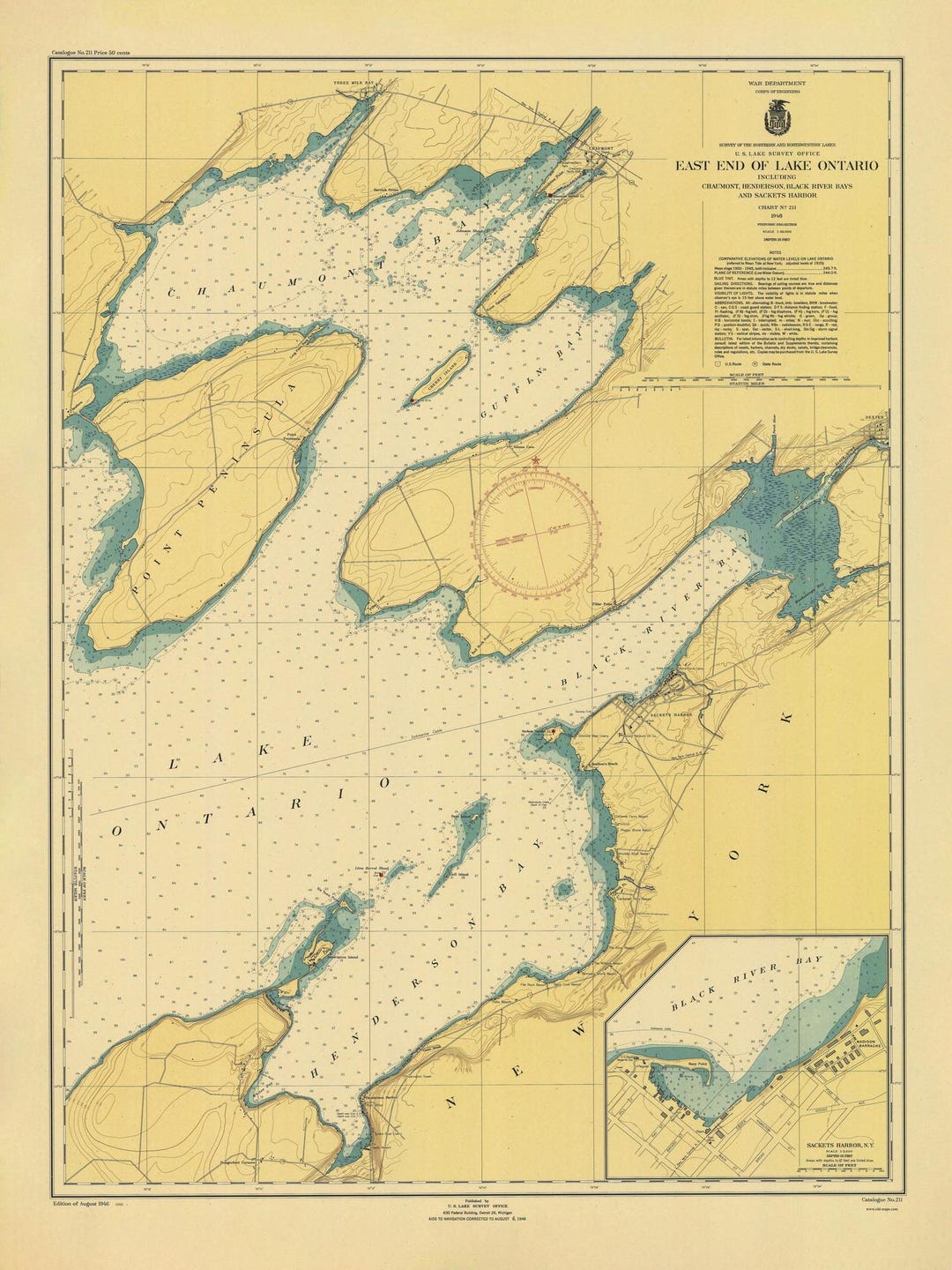 Lake Ontario - East End 1946 Nautical Map - Chaumont, Henderson, Black ...