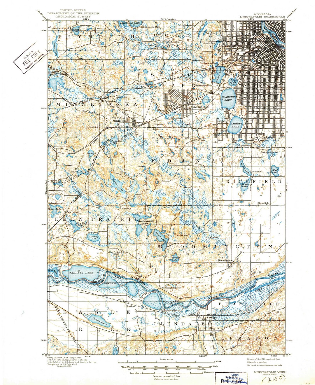 Minneapolis 1901 1949 Old Topo Map Quad Reprint USGS Topographic ...