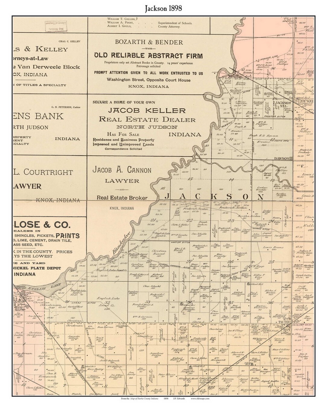 Jackson 1898 Old Town Map With Homeowner Names Indiana English Lake ...