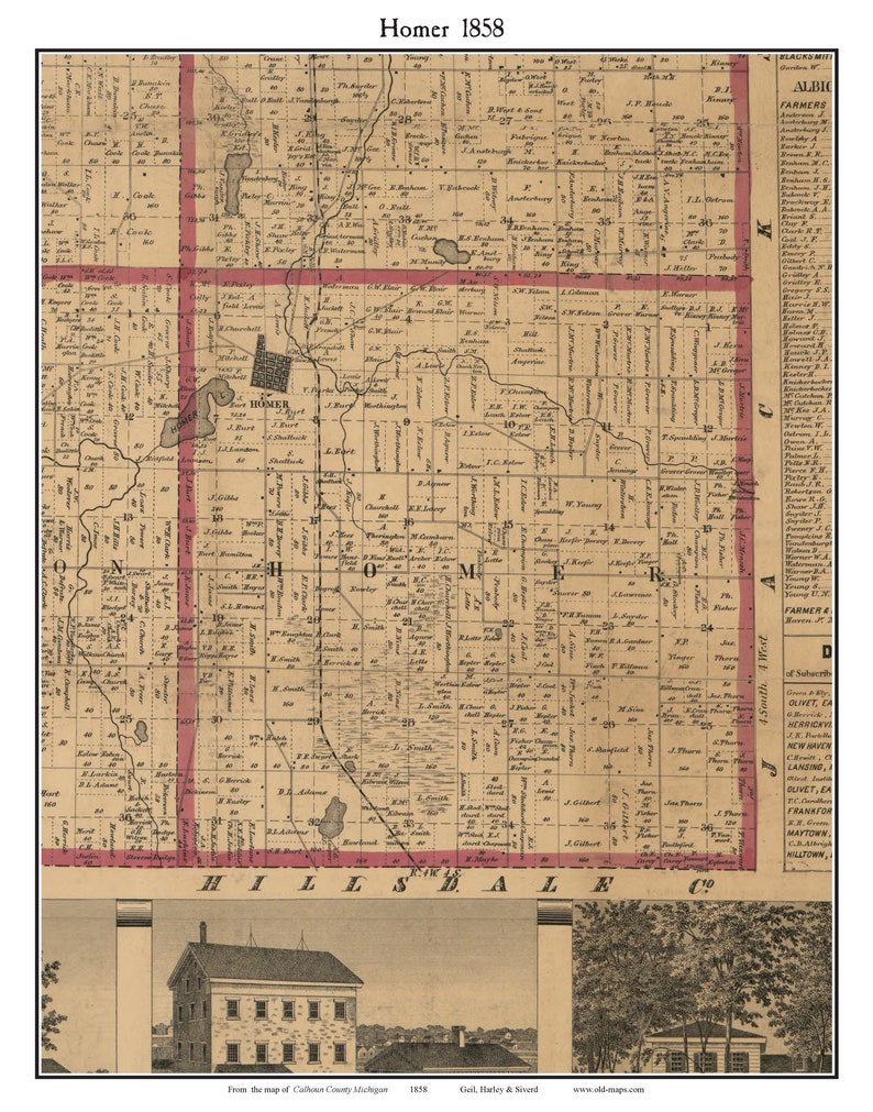 Homer 1858 Old Town Map With Homeowner Names - Homer Lake - Michigan ...