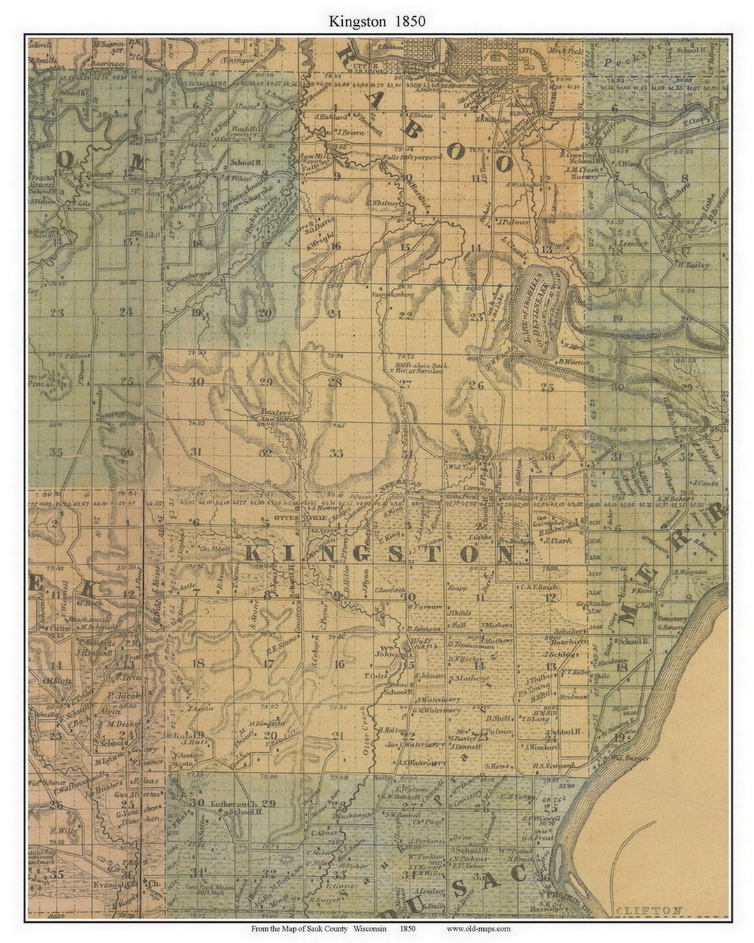 Kingston 1850 - Old Town Map With Homeowner Names - Devil's Lake or ...