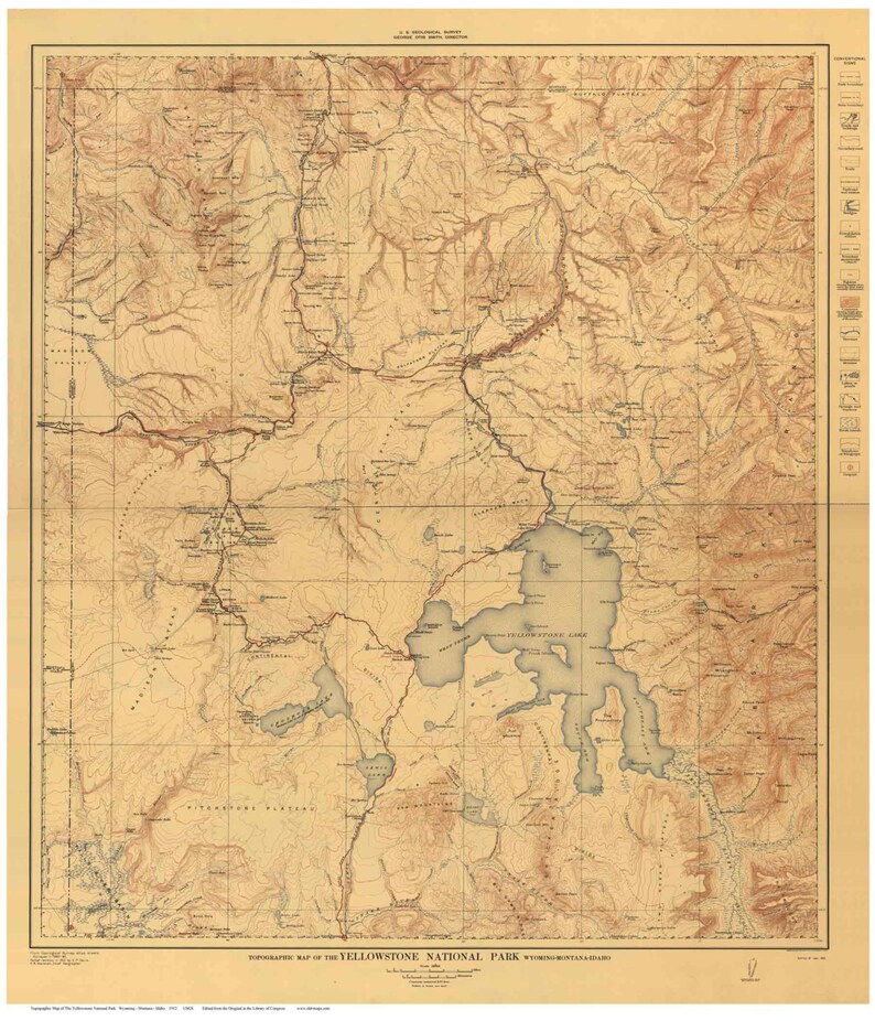 Yellowstone National Park 1912 Old Topographical Map Reprint - Wyoming ...