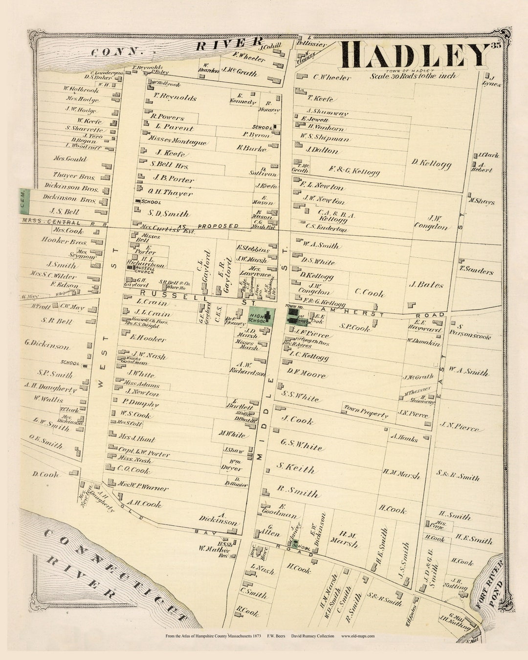 Hadley Village 1873 Old Town Map Reprint Hampshire County - Etsy