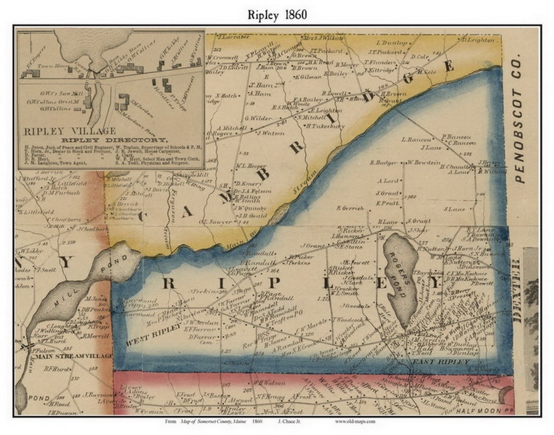 Ripley 1860 Old Town Map With Homeowner Names Maine - Reprint Genealogy ...