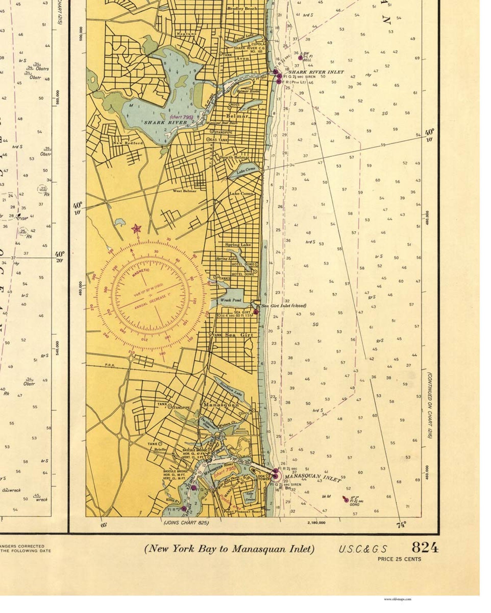 New York Bay to Manasquan Inlet Sandy Hook 1953 Nautical Map | Etsy