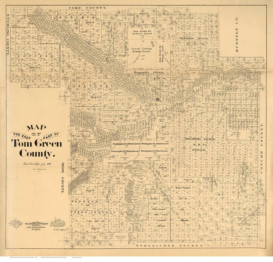Tom Green County, Texas - East Part - 1894 - Old Wall Map Reprint With ...
