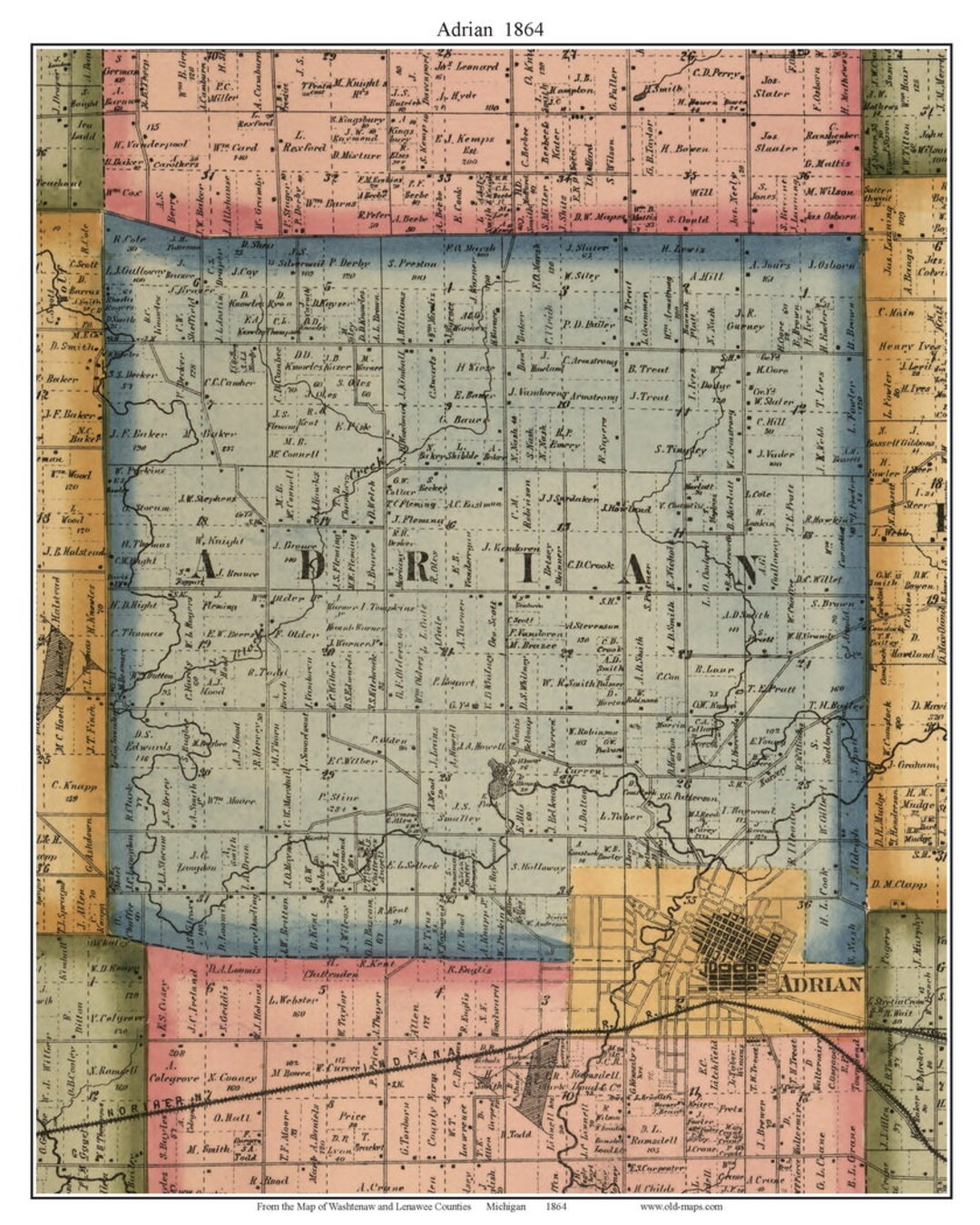 Adrian 1864 Old Town Map With Homeowner Names - Michigan - Reprint ...