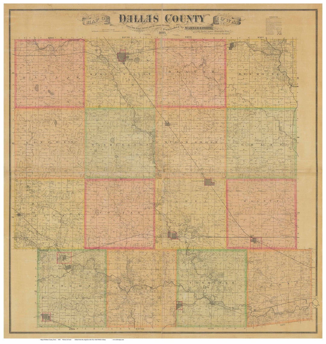 Dallas County Iowa 1883 Old Wall Map With Landowner Names Farm Lines ...