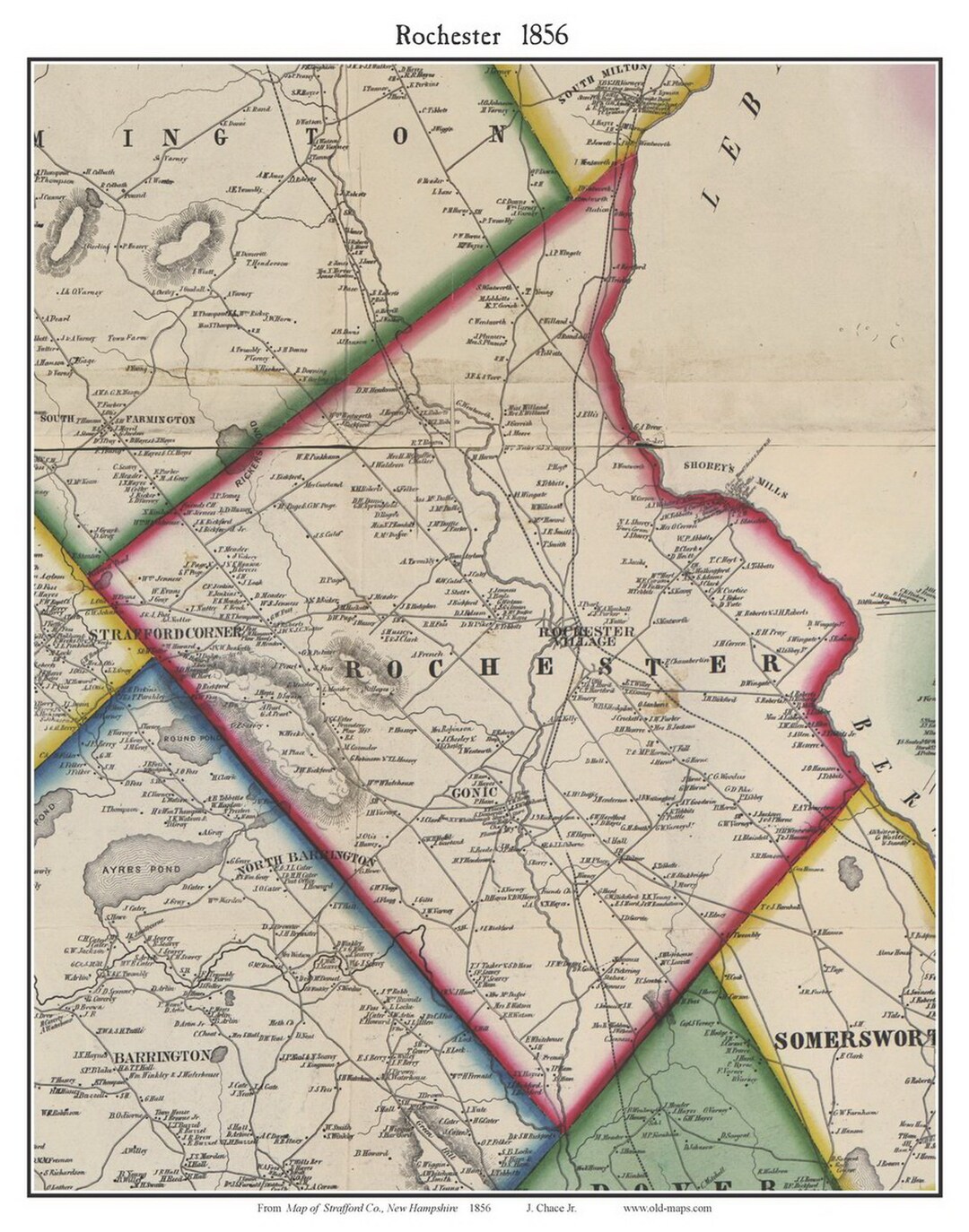 Rochester 1856 Old Town Map With Homeowner Names New Hampshire ...