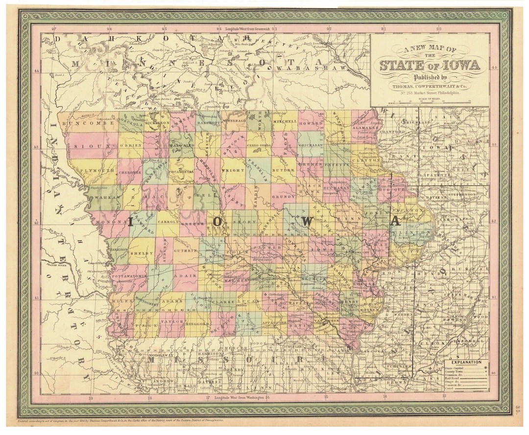 Iowa 1850 Map - State Map Reprint - Etsy