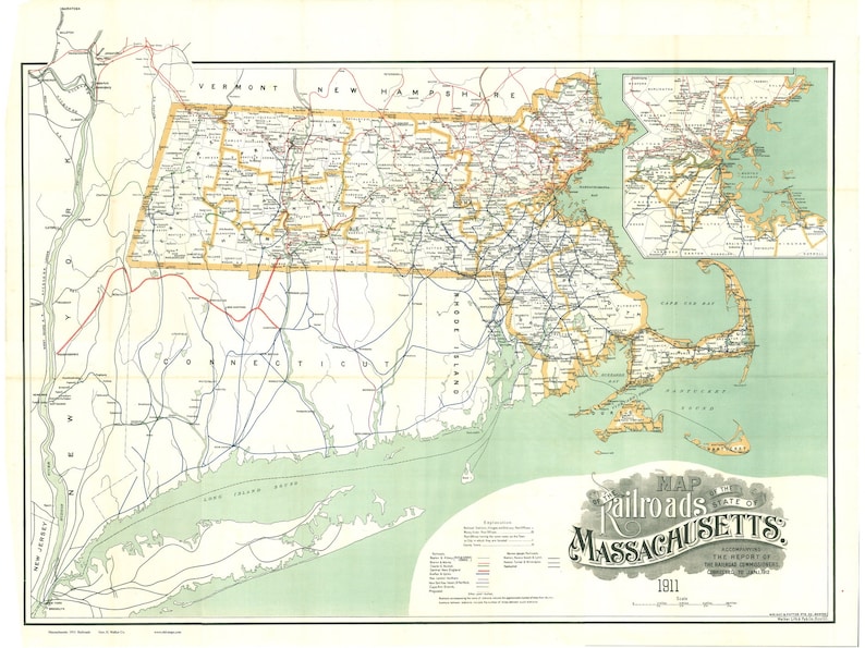 Massachusetts Railroads 1911 Old Map Reprint MA State - Etsy