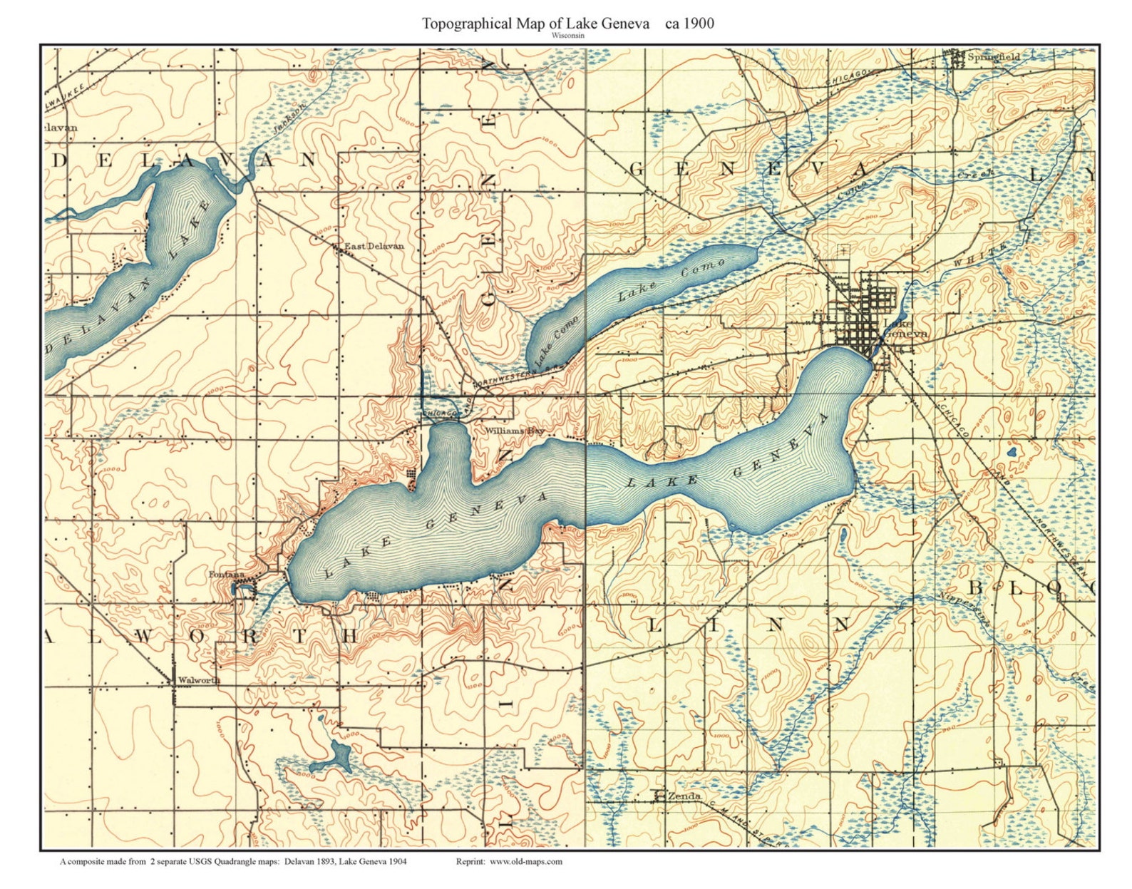 Lake Geneva Ca 1900 USGS Old Topographic Map Custom Composite Reprint ...