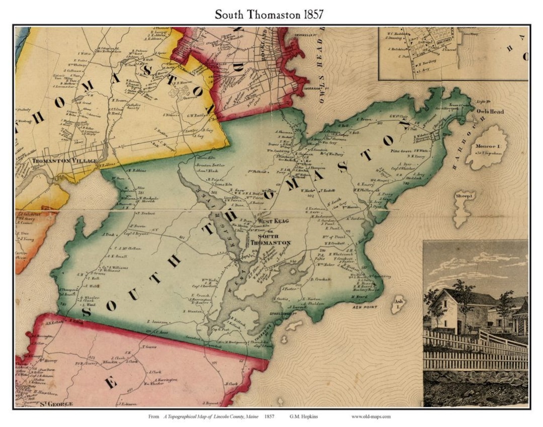 South Thomaston 1857 Old Town Map With Homeowner Names Maine West Keag ...