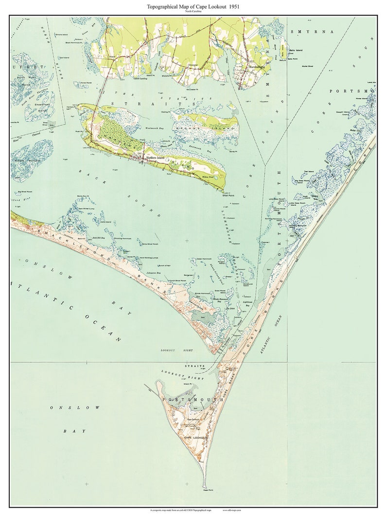 Cape Lookout - 1951 Old Topographic Map USGS Custom Composite Reprint ...