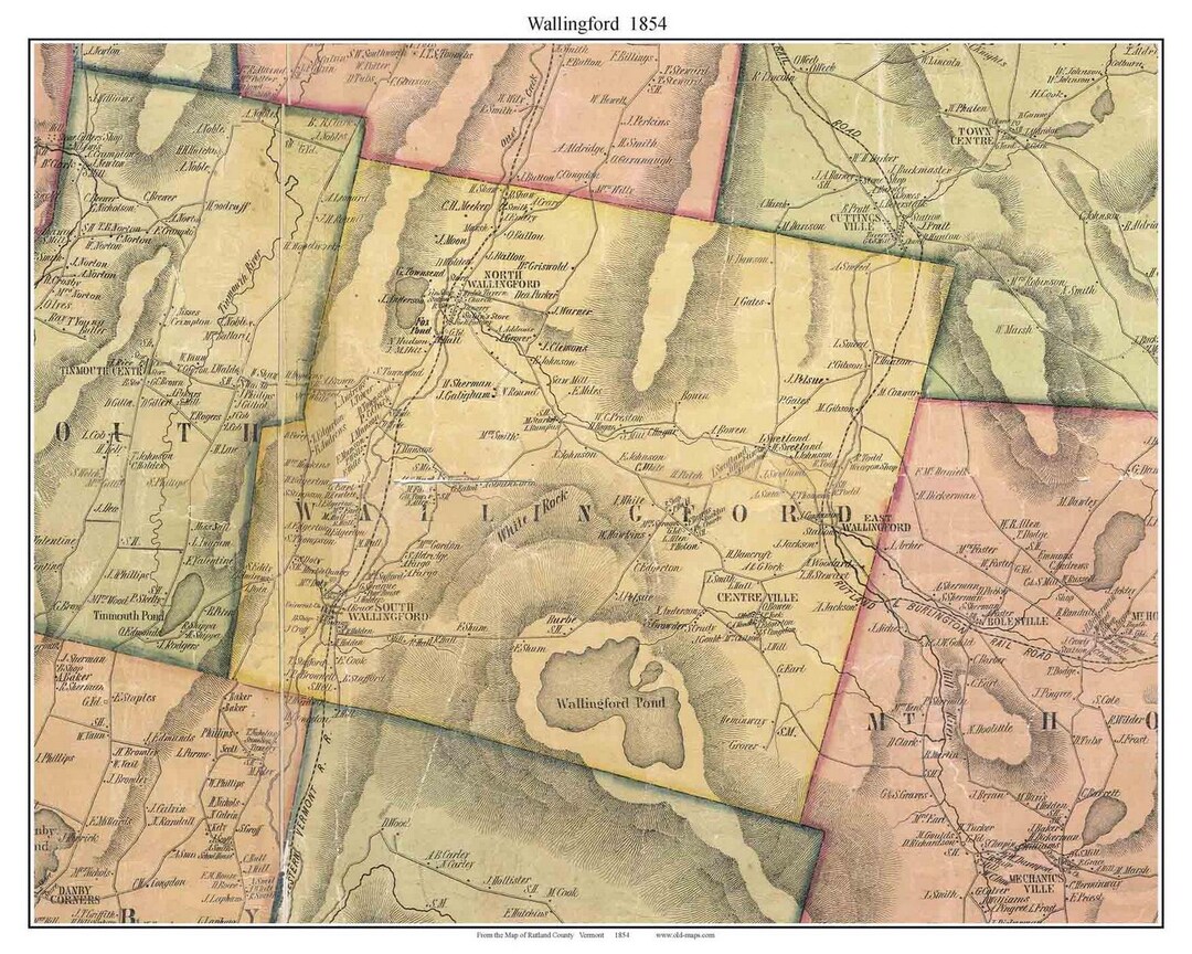 Wallingford 1854 Old Town Map With Homeowner Names - Vermont - Rutland ...
