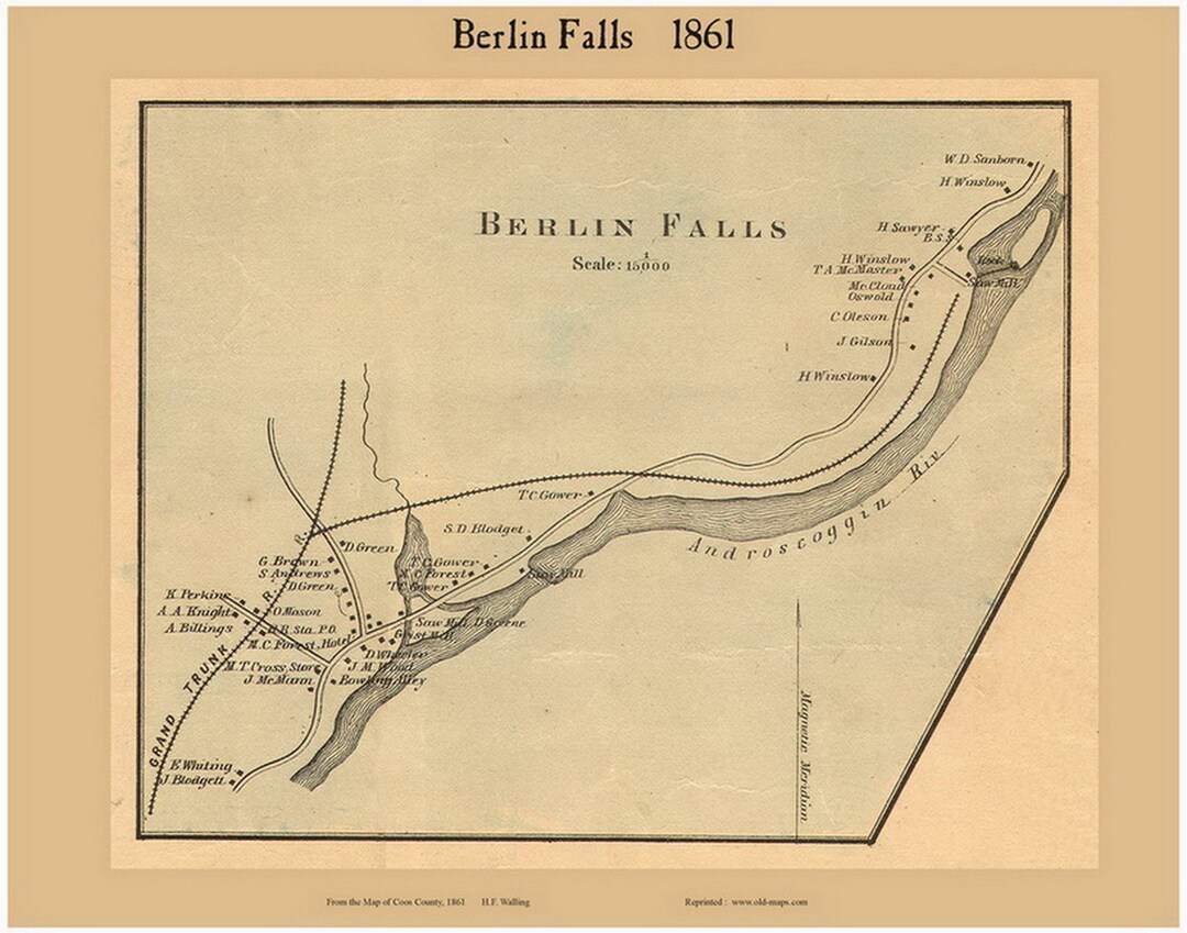 Berlin Falls 1861 Old Town Map With Homeowner Names New Hampshire ...