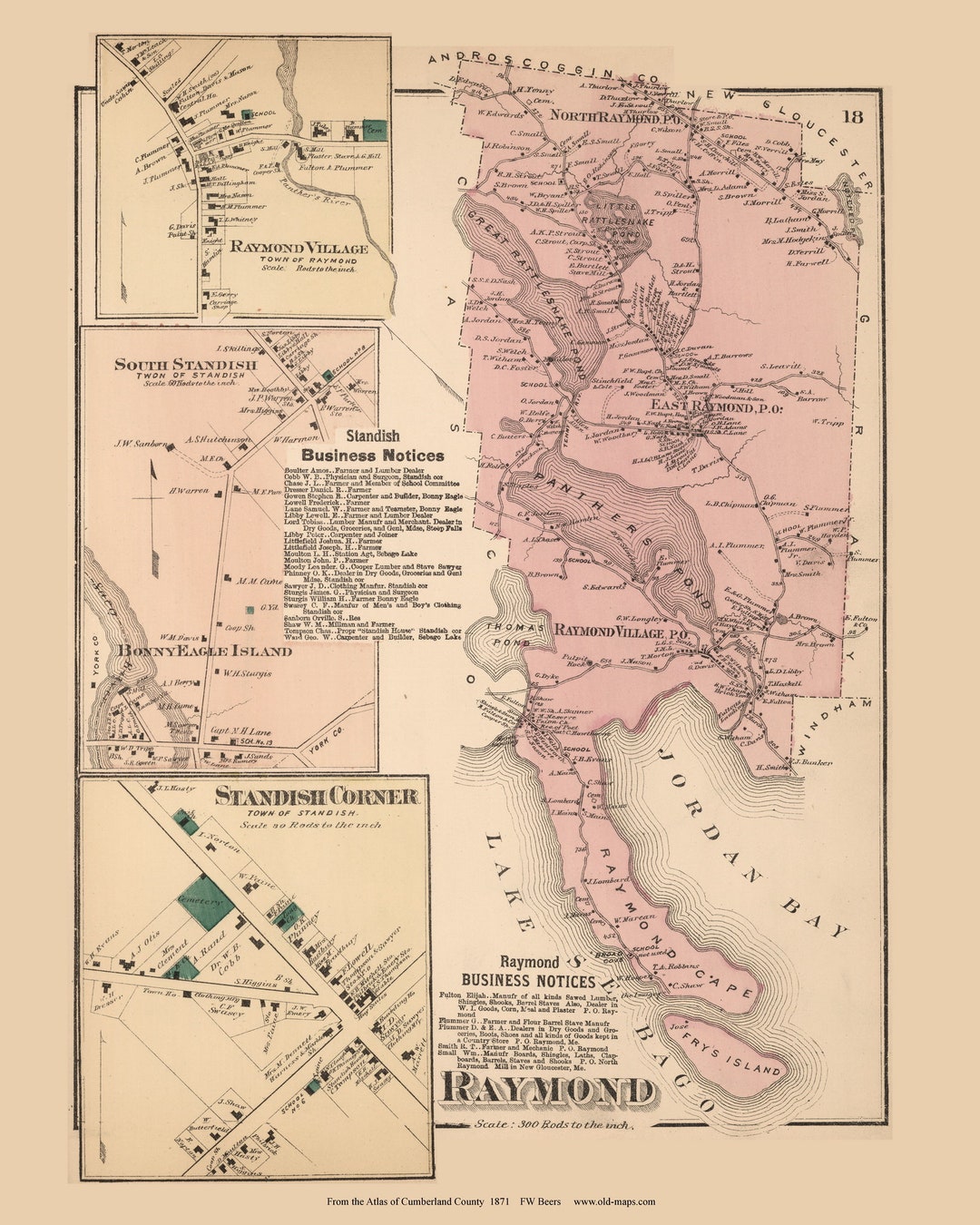 Raymond 1871 Map South Standish Corner Jordan Bay Raymond Cape Frys ...