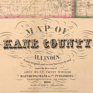 Kane County Illinois 1860 - Old Wall Map Reprint With Homeowner Names ...