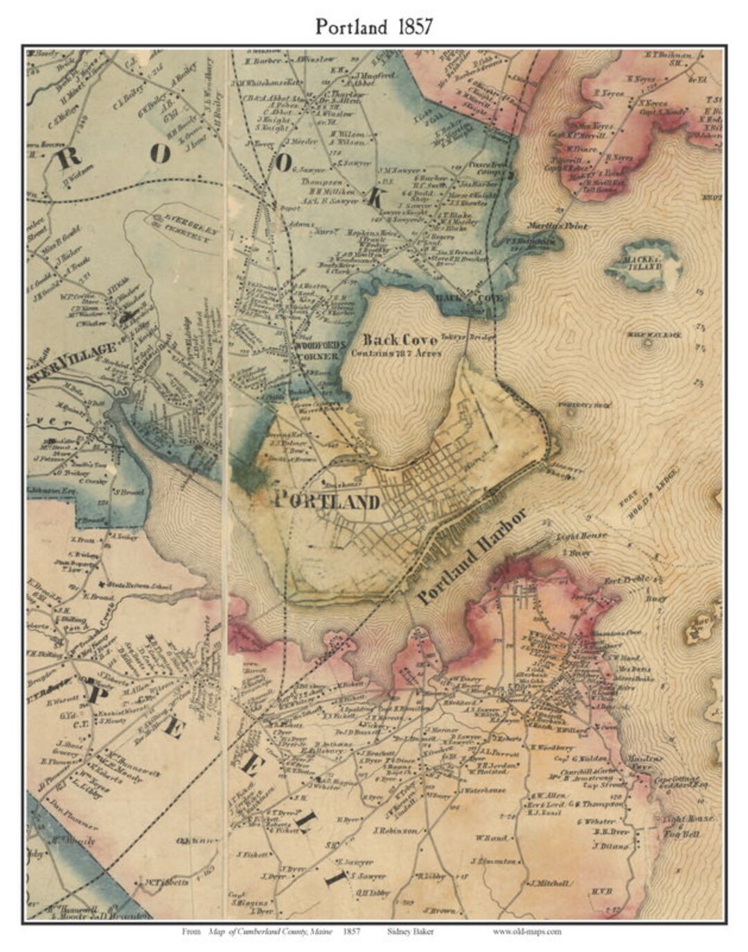 Portland 1857 Old Town Map With Homeowner Names Maine - Reprint TM ...