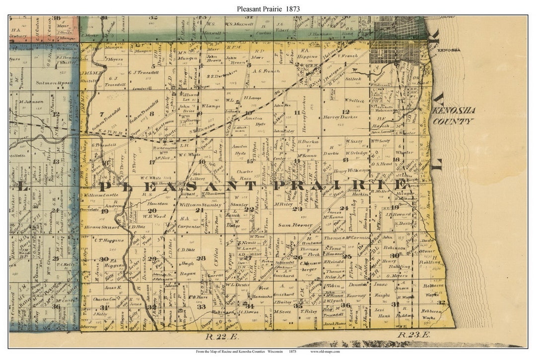 Pleasant Prairie 1873 - Old Town Map With Homeowner Names- Kenosha City ...