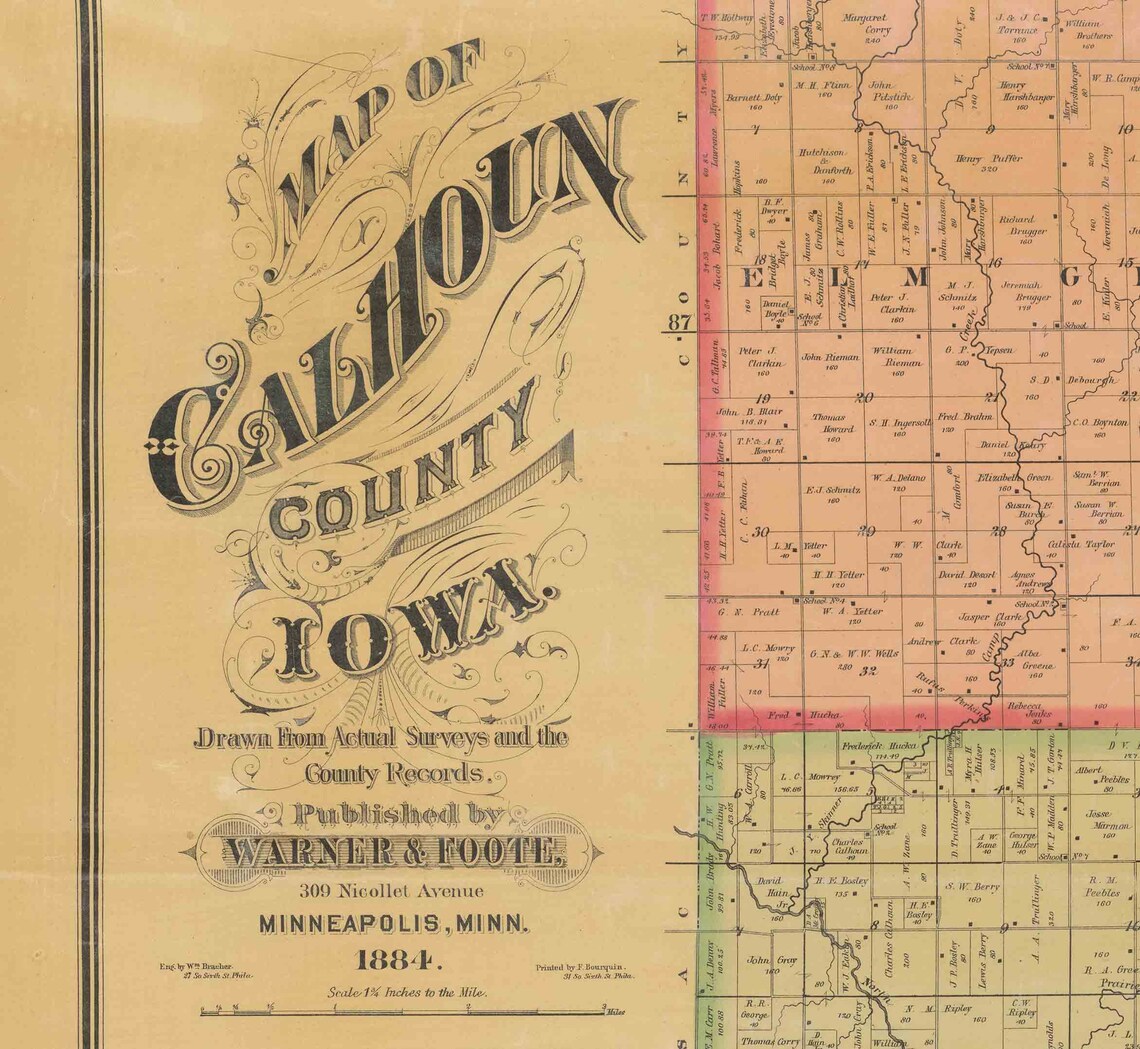 Calhoun County Iowa 1884 Old Wall Map With Landowner Names Farm Lines ...