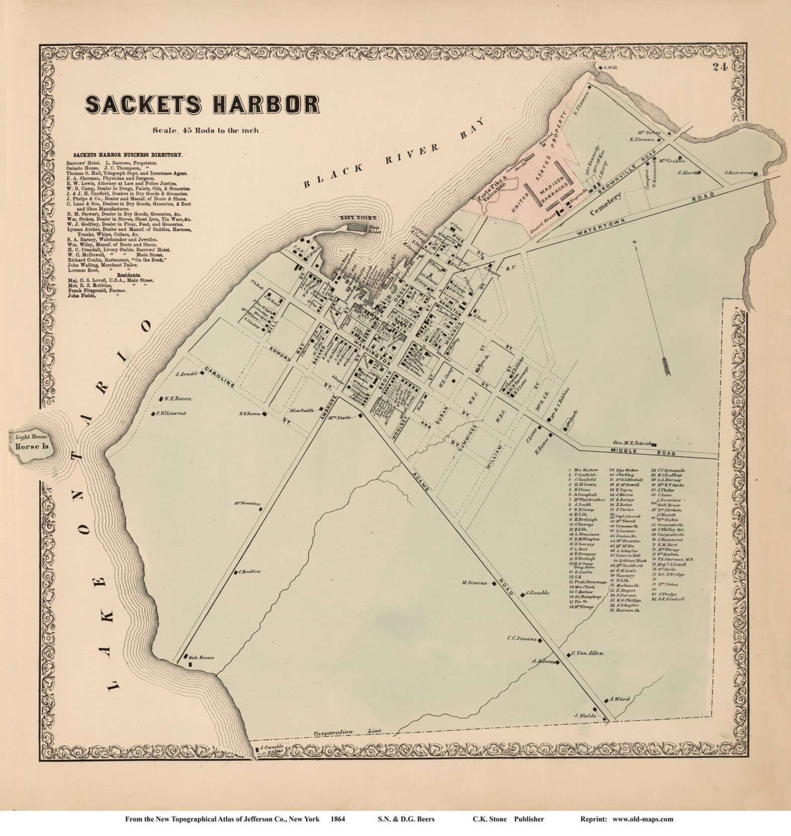 Sackets Harbor in Hounsfield 1864 Old Town Map Reprint, Black River Bay ...