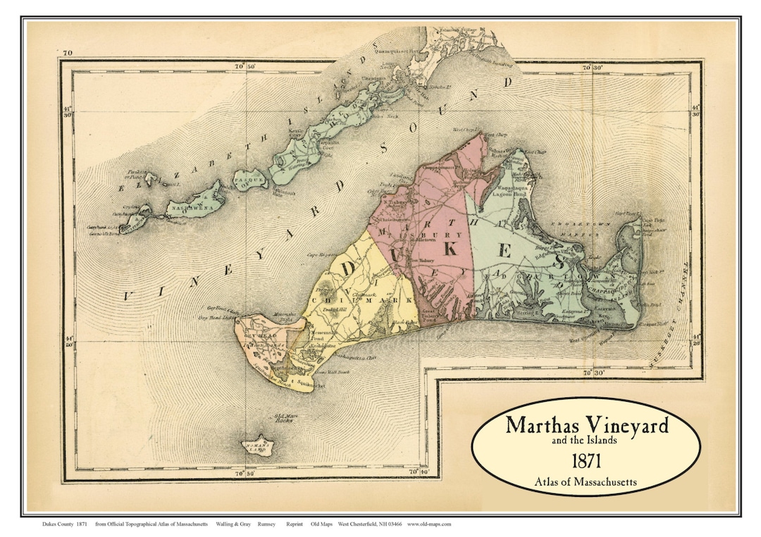Martha's Vineyard 1871 Map - Walling and Gray Atlas - Reprint ...