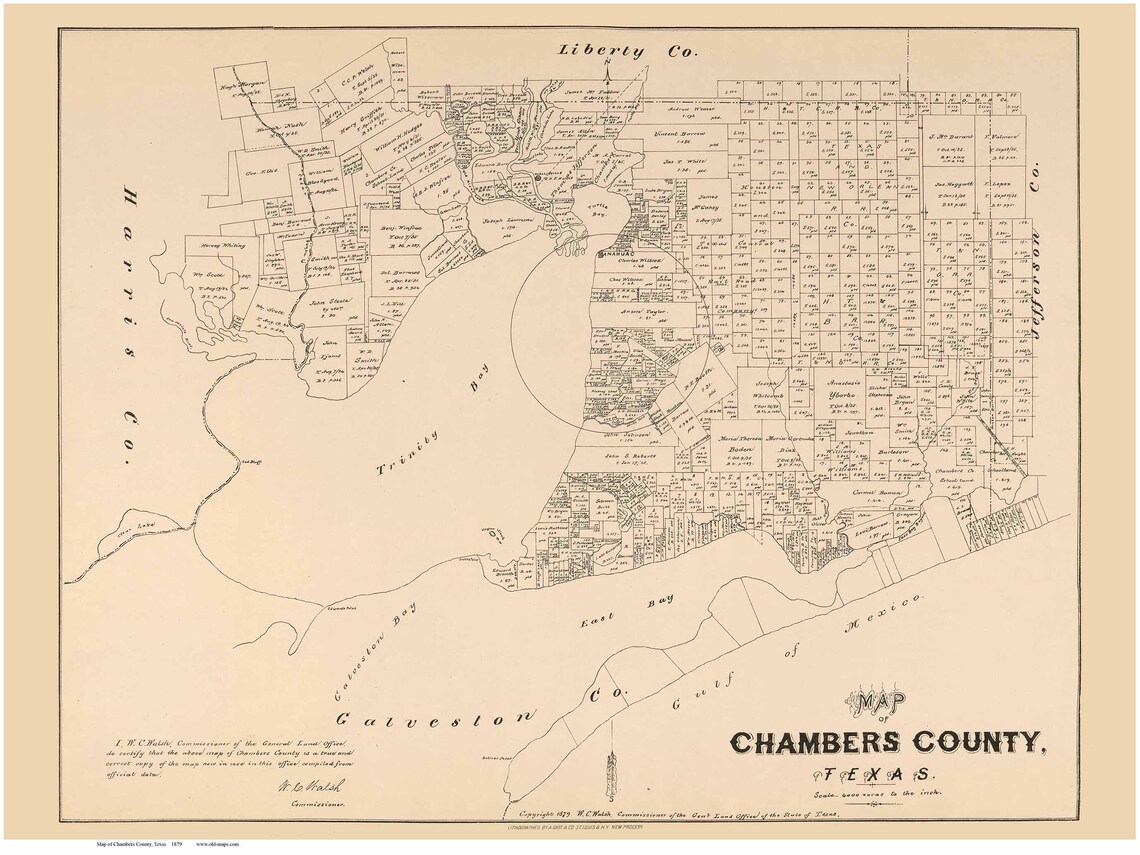 Chambers County, Texas - 1879 - Old Wall Map Reprint With Land Owners ...