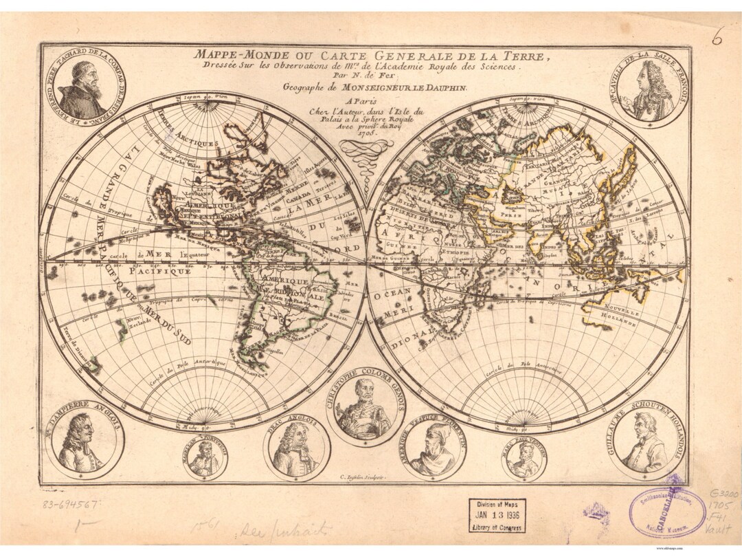 1705 World Map by Fer 2 Hemispheres - Wall Map Reprint Worldmap - Etsy