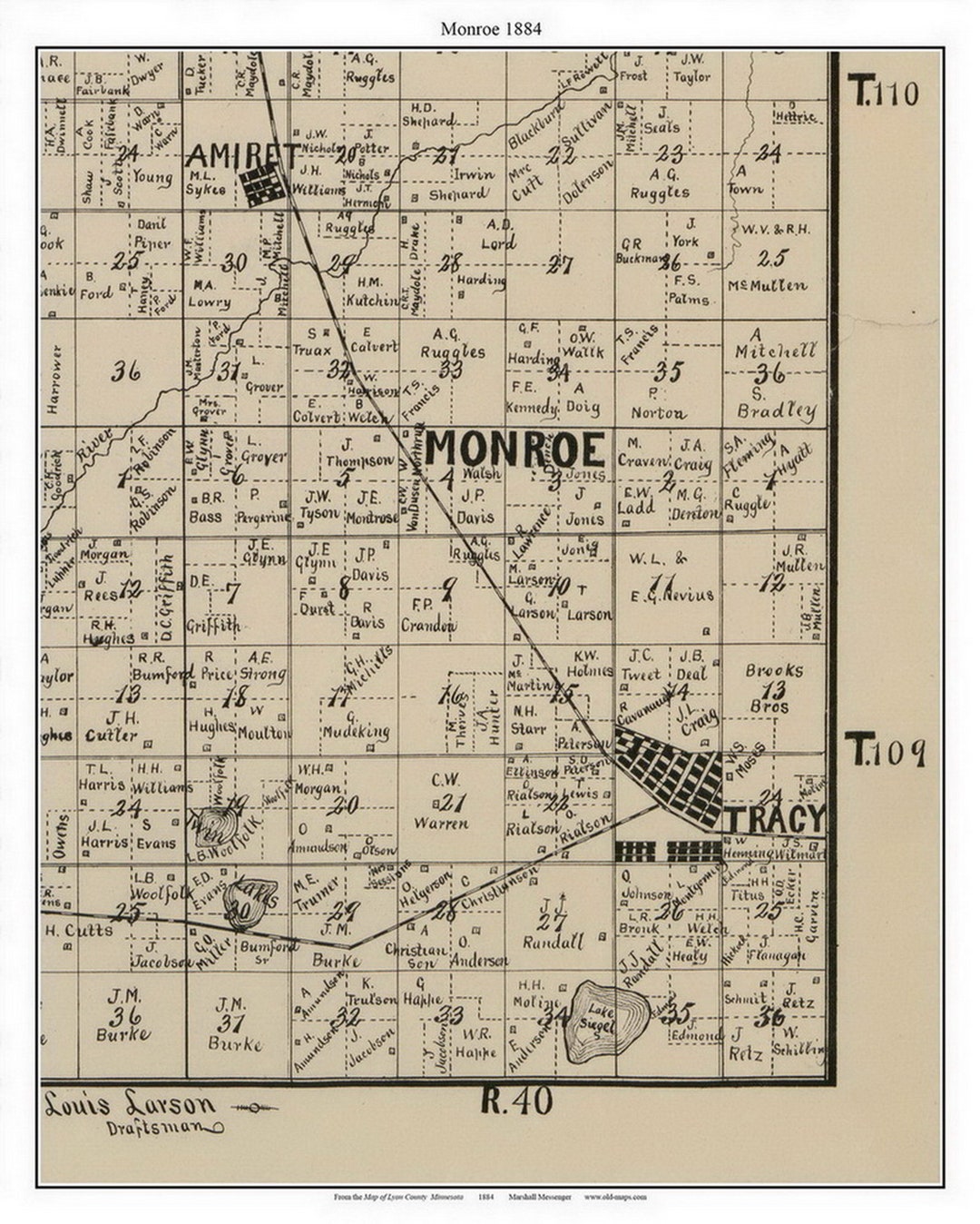 Monroe 1884 - Tracy - Old Town Map With Homeowner Names Minnesota ...