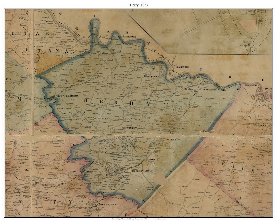 Derry 1857 Old Map Homeowner Names Latrobe New Alexandria Bairdstown ...