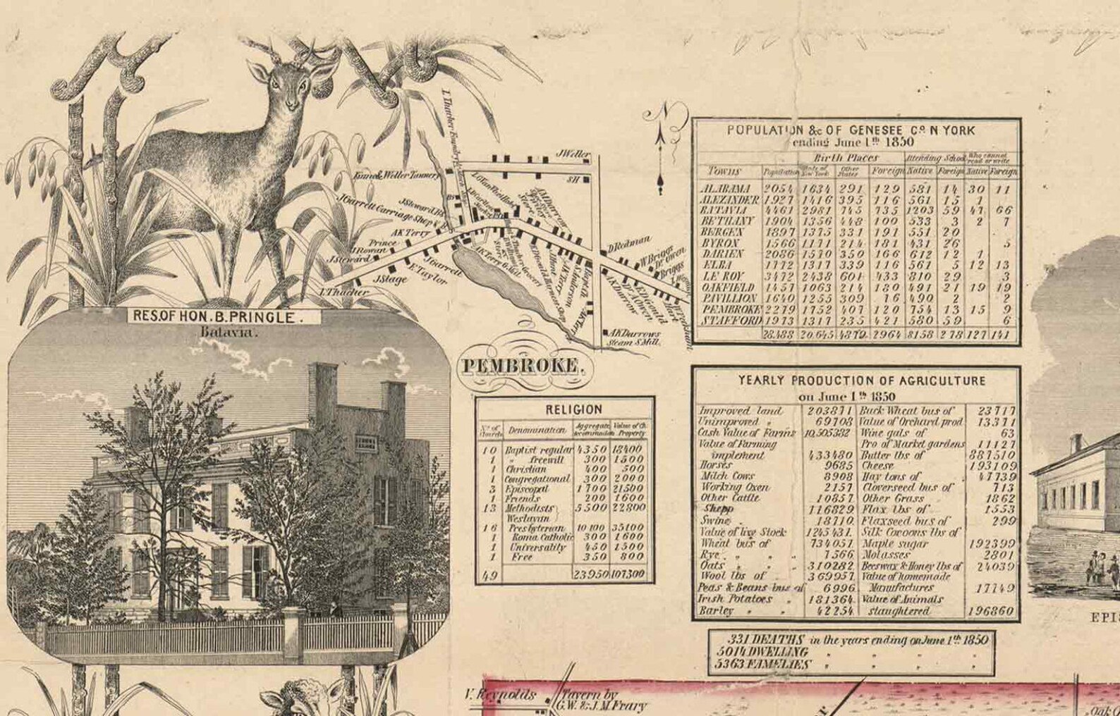 Genesee County New York 1854 - Old Wall Map Reprint With Homeowner ...