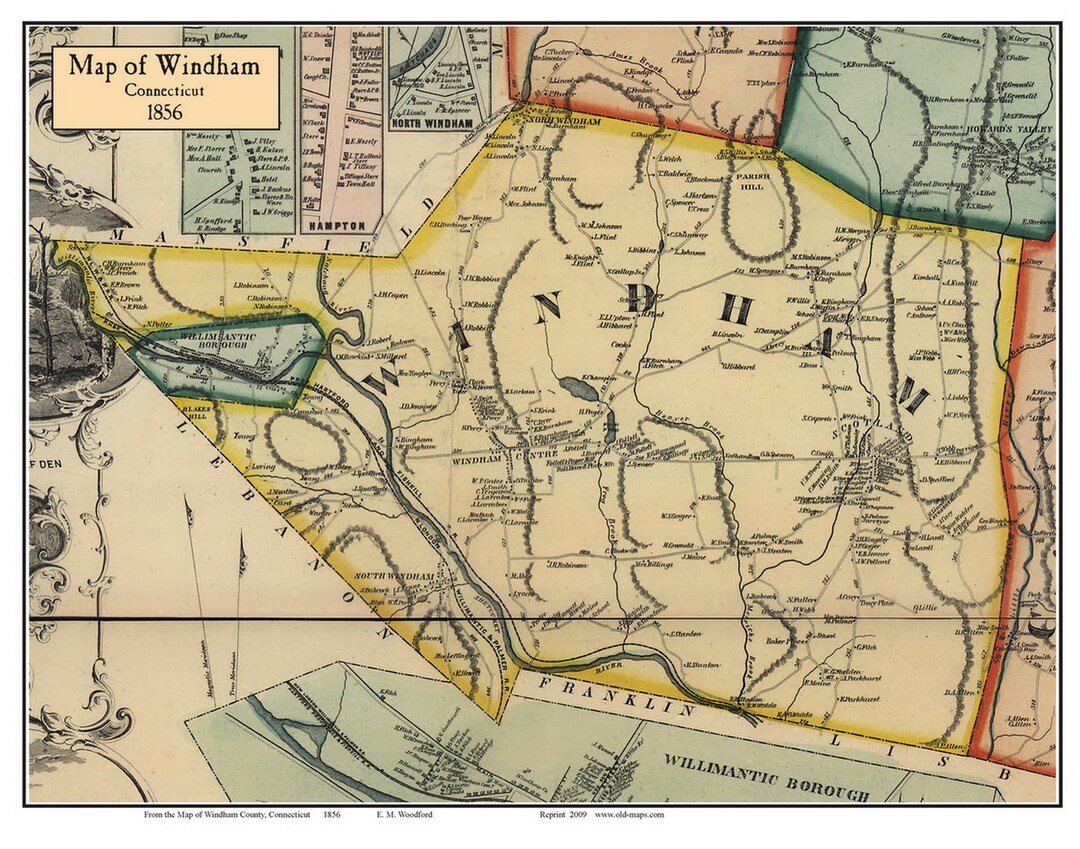 Windham 1856 Old Town Map With Homeowner Names Connecticut - Reprint ...