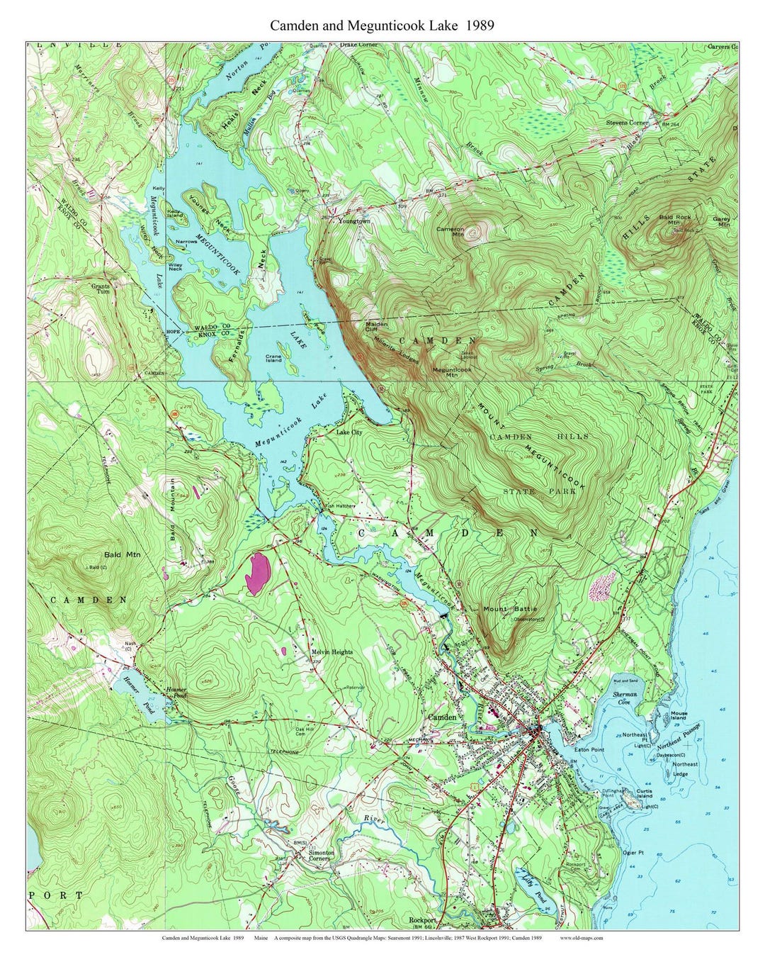 Camden and Megunticook Lake 1989 Old Topographic Map USGS - Custom ...