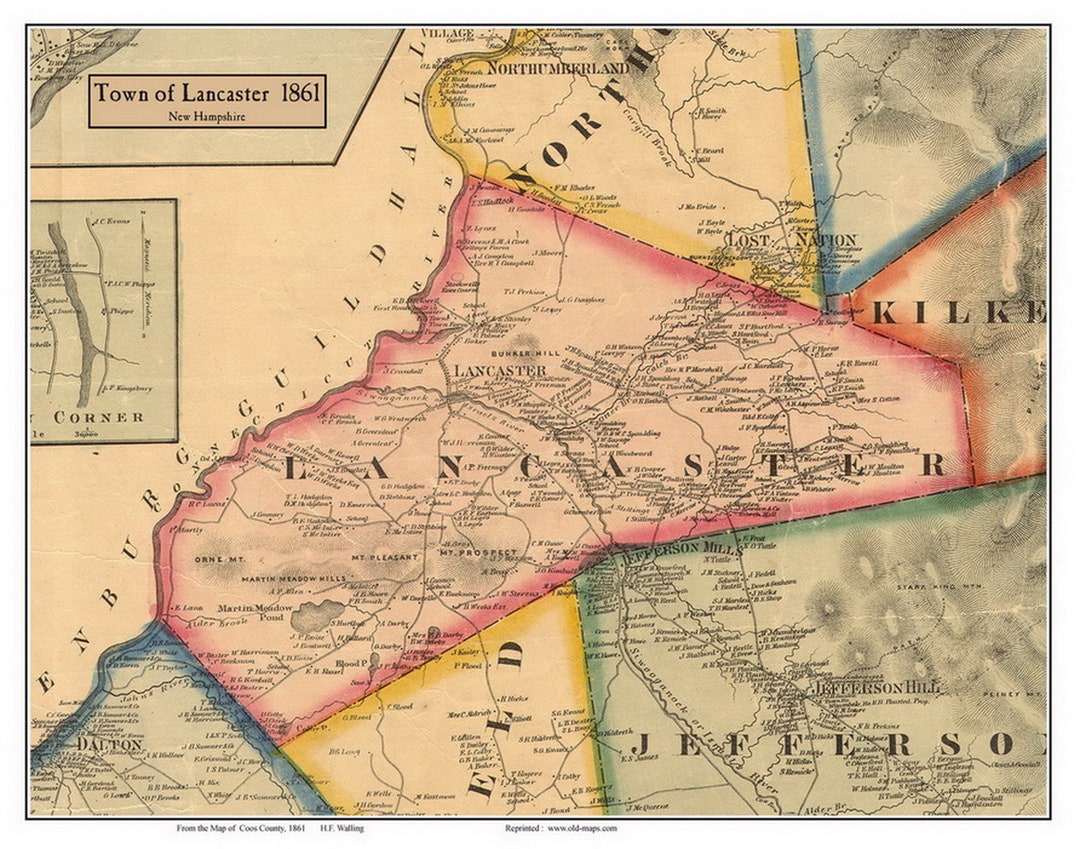 Lancaster 1861 Old Town Map With Homeowner Names New Hampshire Reprint ...