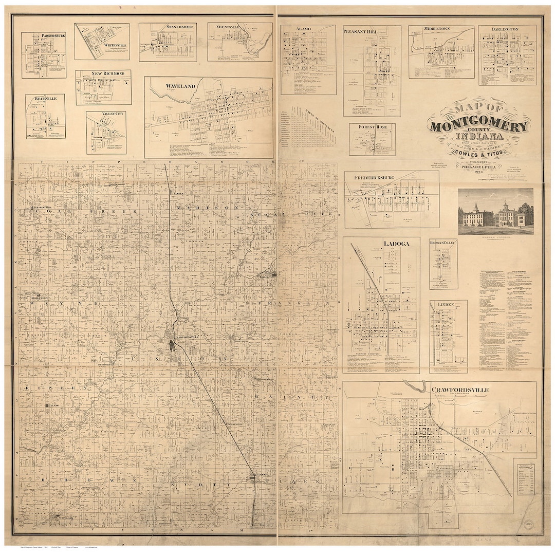 Montgomery County Indiana 1864- Old Wall Map Reprint With Homeowner ...