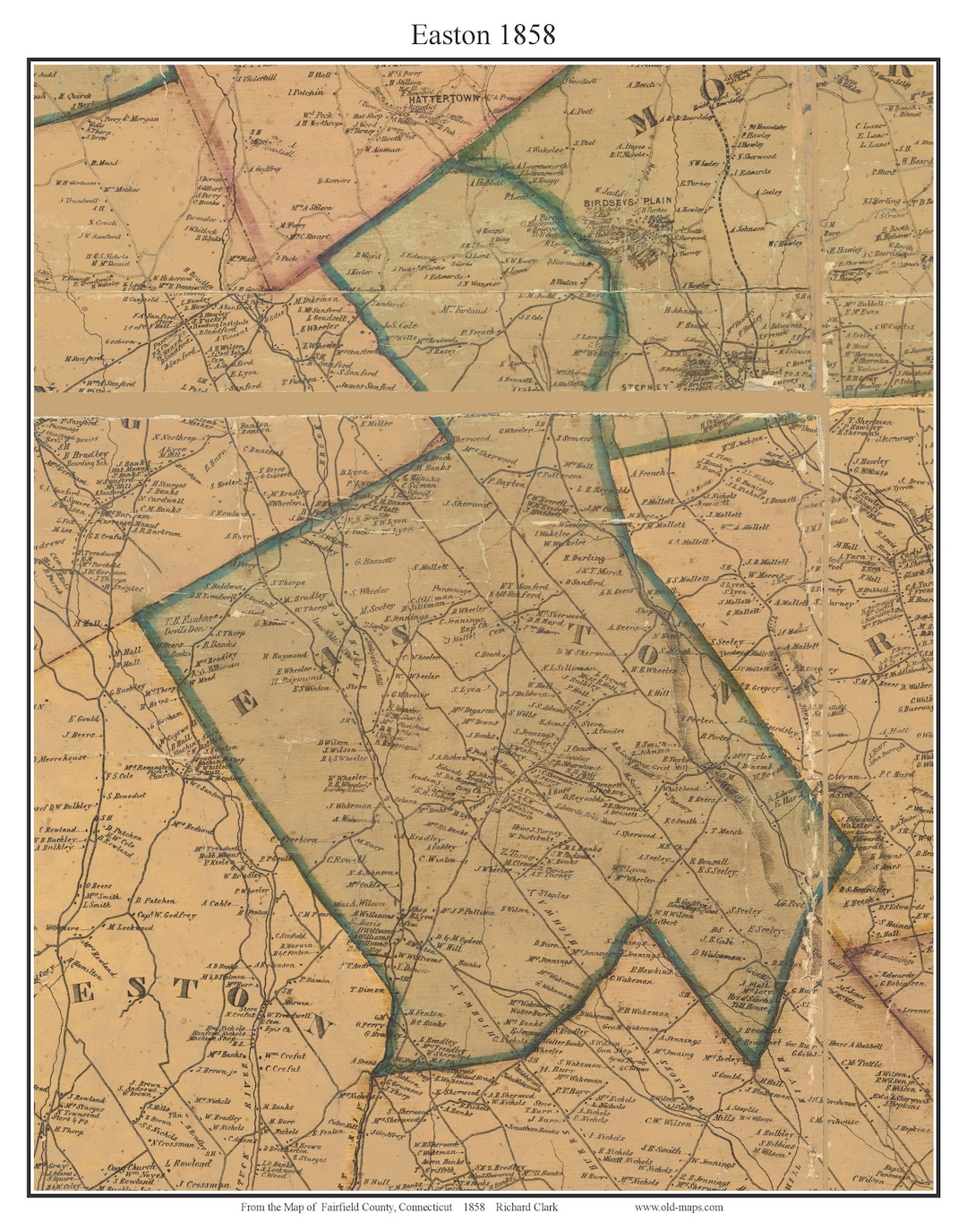Easton Connecticut 1858 Old Town Map With Homeowner Names - Reprint ...
