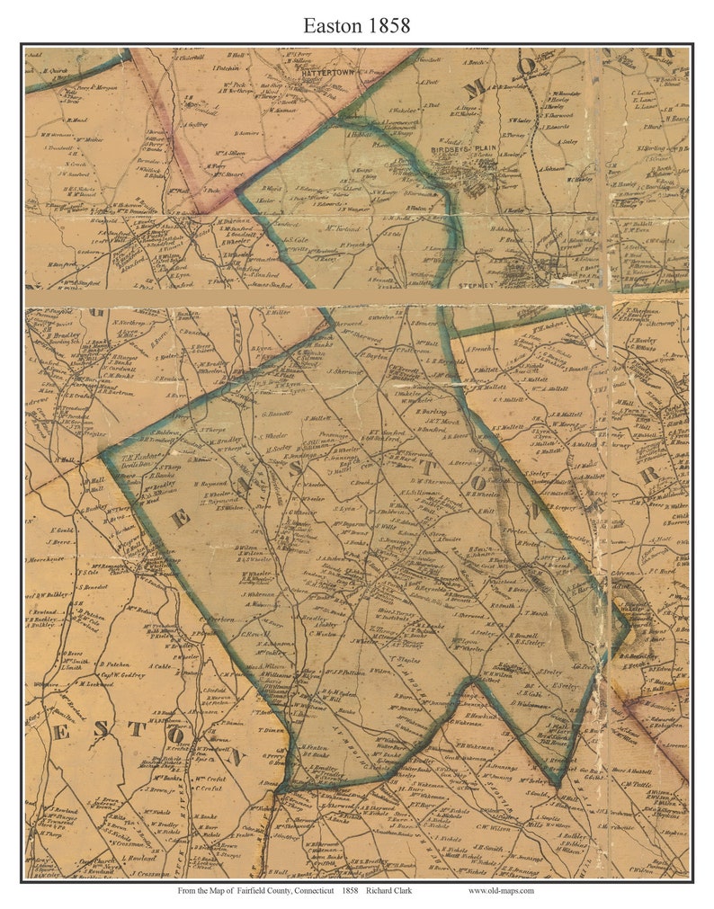 Easton Connecticut 1858 Old Town Map With Homeowner Names | Etsy