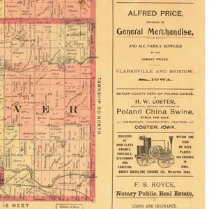 Butler County Iowa 1897 Old Wall Map With Landowner Names Farm Lines ...