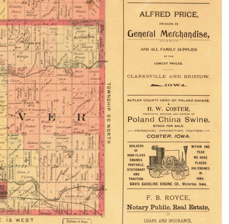 Butler County Iowa 1897 Old Wall Map With Landowner Names Farm | Etsy