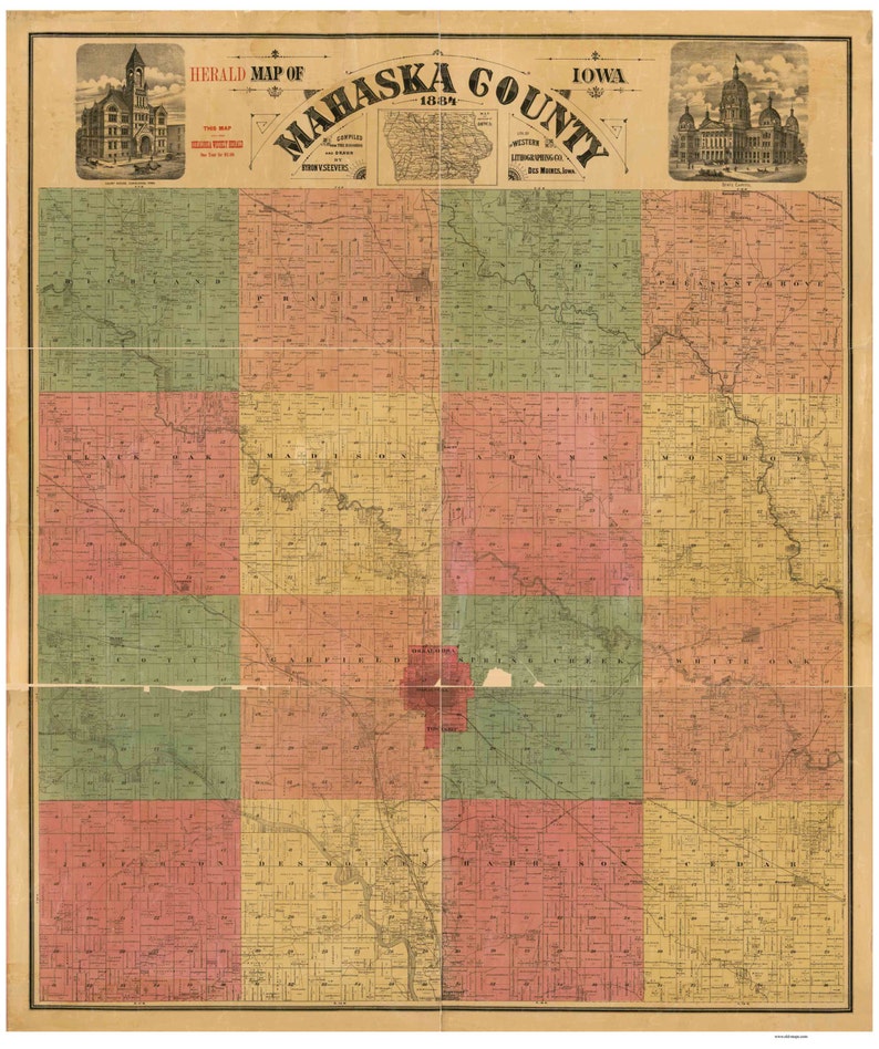 Mahaska County Iowa 1884 Old Wall Map With Landowner Names Farm Lines ...