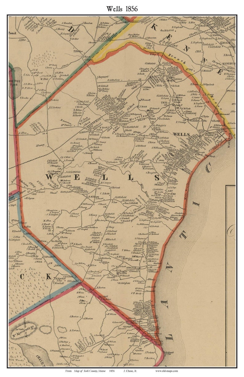 Wells 1856 Old Town Map With Homeowner Names Maine - Reprint York ...