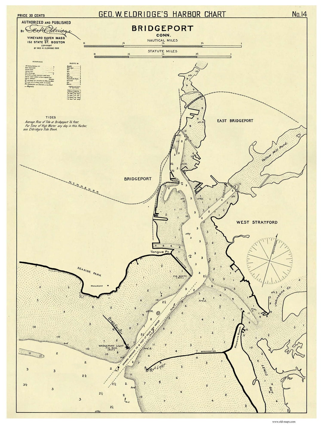 Bridgeport 1908 Harbor Chart Nautical Connecticut Eldridge 14 Reprint ...