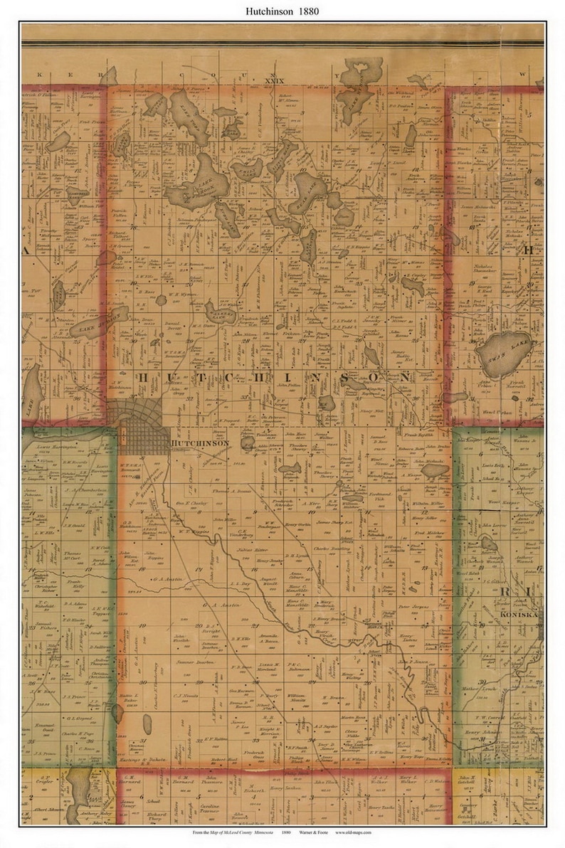 Hutchinson 1880 - Old Town Map With Homeowner Names Minnesota - Reprint ...