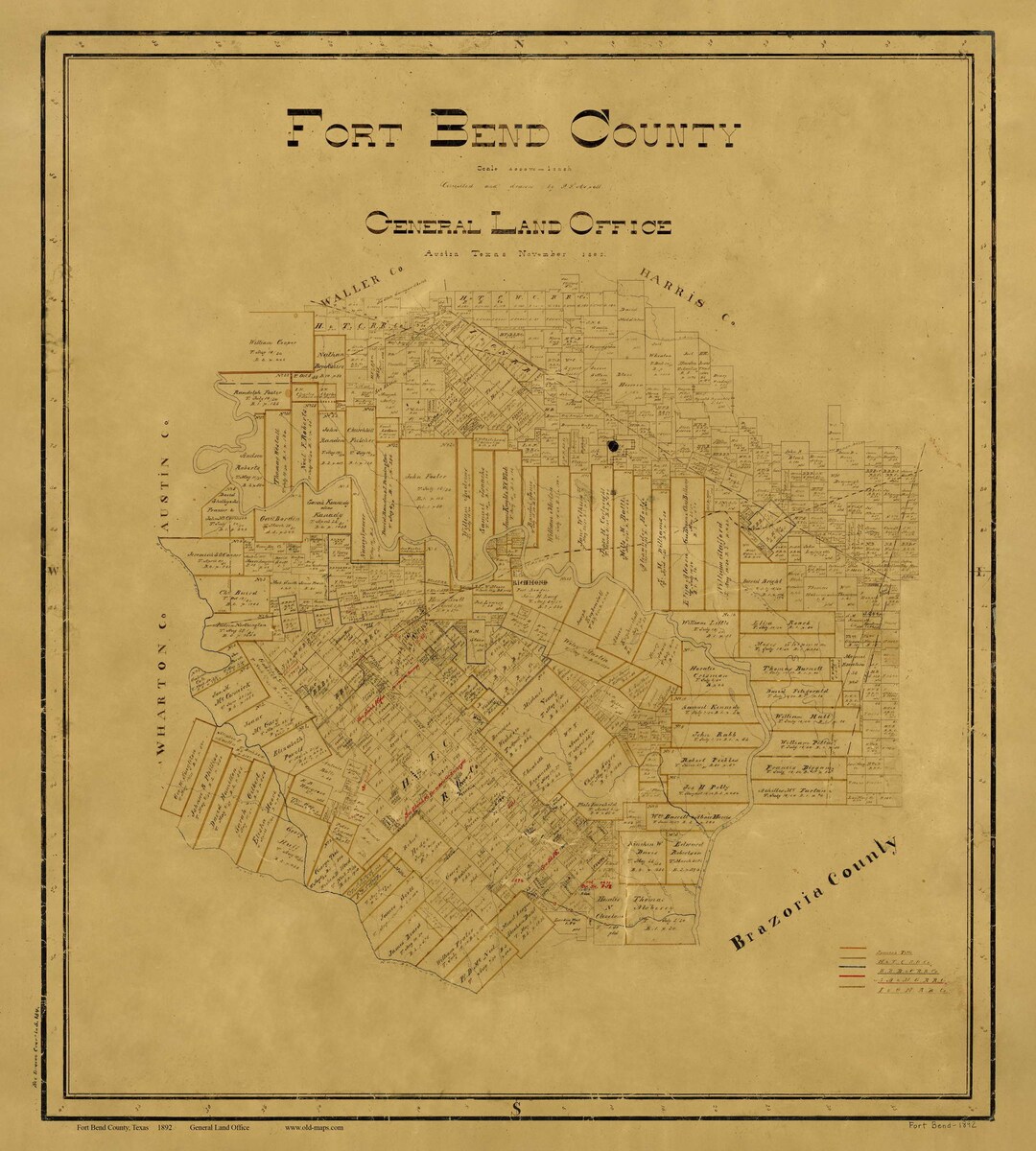 Fort Bend County, Texas - 1892 - Old Wall Map Reprint With Land Owners ...