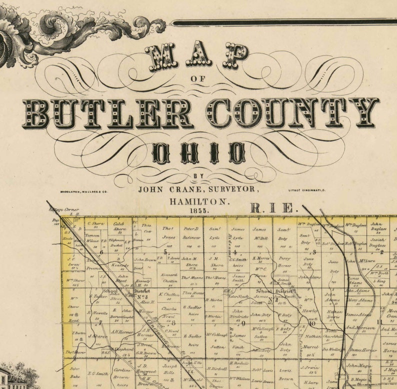 Butler County Ohio 1855 Old Wall Map Reprint With Homeowner | Etsy